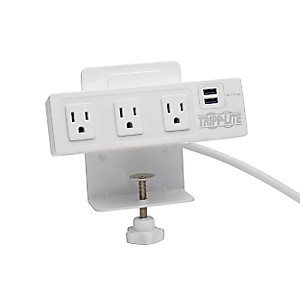 Tripp Lite Surge Protector Power Strip 3-Outlet with 2-Port USB Charging Ports, Desk Clamp, White 510 Joules (TLP310USBCW)