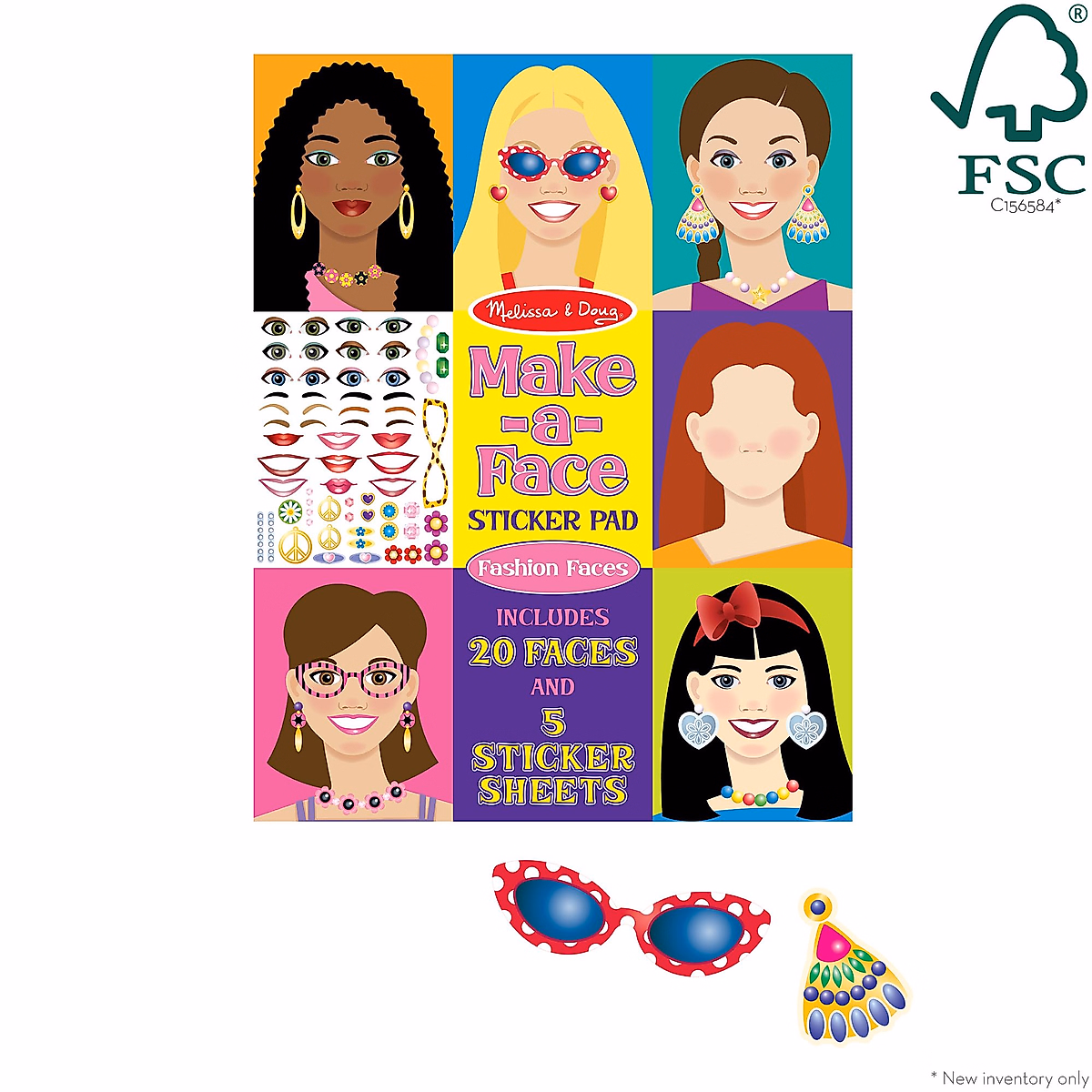 Melissa & Doug Make-a-Face Sticker Pad - Fashion Faces, 20 Faces, 5 Sticker Sheets - FSC Certified