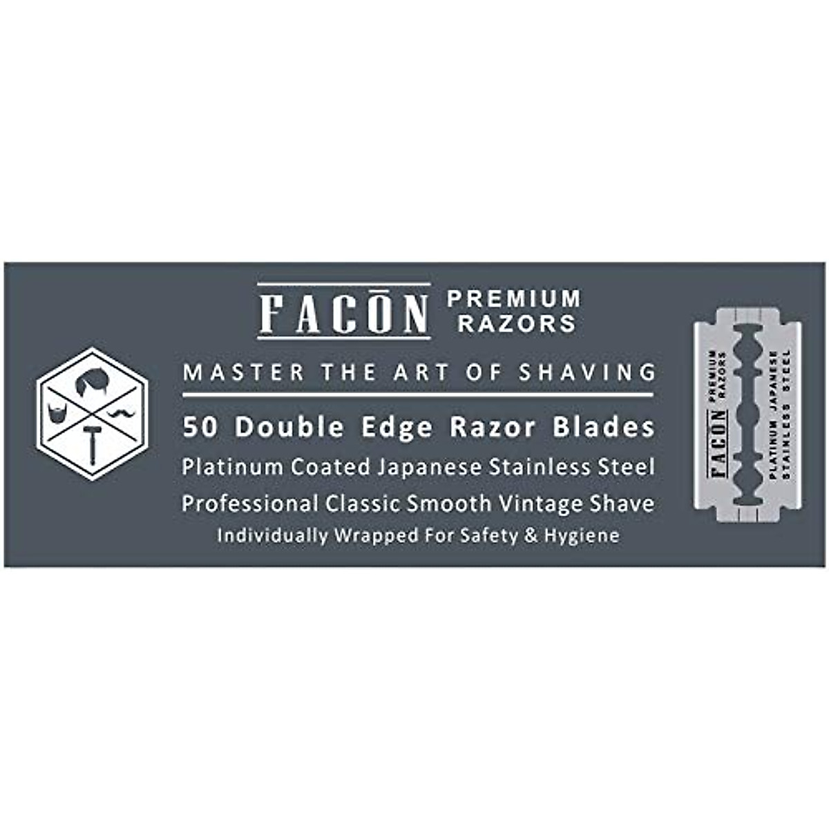 50 Facón Platinum Japanese Stainless Steel Double Edge Razor Blades for Safety Razor - Close Smooth Shaving Experience - 200+ Shaves