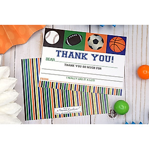 All Star Sports Birthday Thank You Notes for Kids, Ten 4" x 5.5" Fill In the Blank Cards with 10 White Envelopes by AmandaCreation