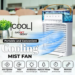 Portable Air Conditioner with Cooling Mist and Remote, Quiet comfort with 4 Speeds, XL 1200ml tank, Personal AC Fan with 5 Mists, 7 Night Lights, 2, 4, 6, 8H Timer, for Home, Office, White