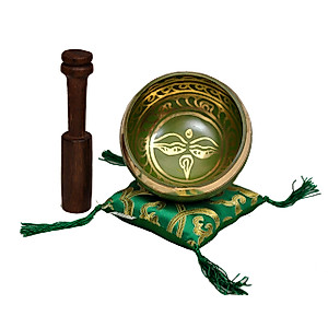 Tibetan Singing Bowl Set By Dharma Store - With Traditional Design Tibetan Buddhist Prayer Flag - Handmade in Nepal (Green)