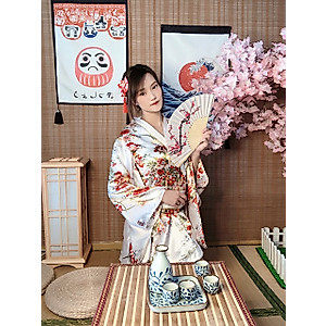 Japanese Anime Women's Dance Kimono Robe Fancy Dress Yukata Silk Folding Fans Tabi Hairstick Socks Set White Large