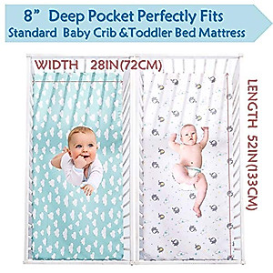Crib Sheets Neutral, 2 Pack Fitted Crib Sheets Set, Printed Crib Sheets for Boys and Girls, Soft and Breathable Silky Microfiber Baby Sheet Fits Standard Crib and Toddler Mattress, Elephant & Clouds