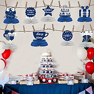 KEWEYA 9Pcs Happy Retirement Decorations Table Honeycomb Centerpieces Party Supplies Blue Silver Retirement Adventure Awaits Sign for Men Retired Decor Goodbye Retirement Signs