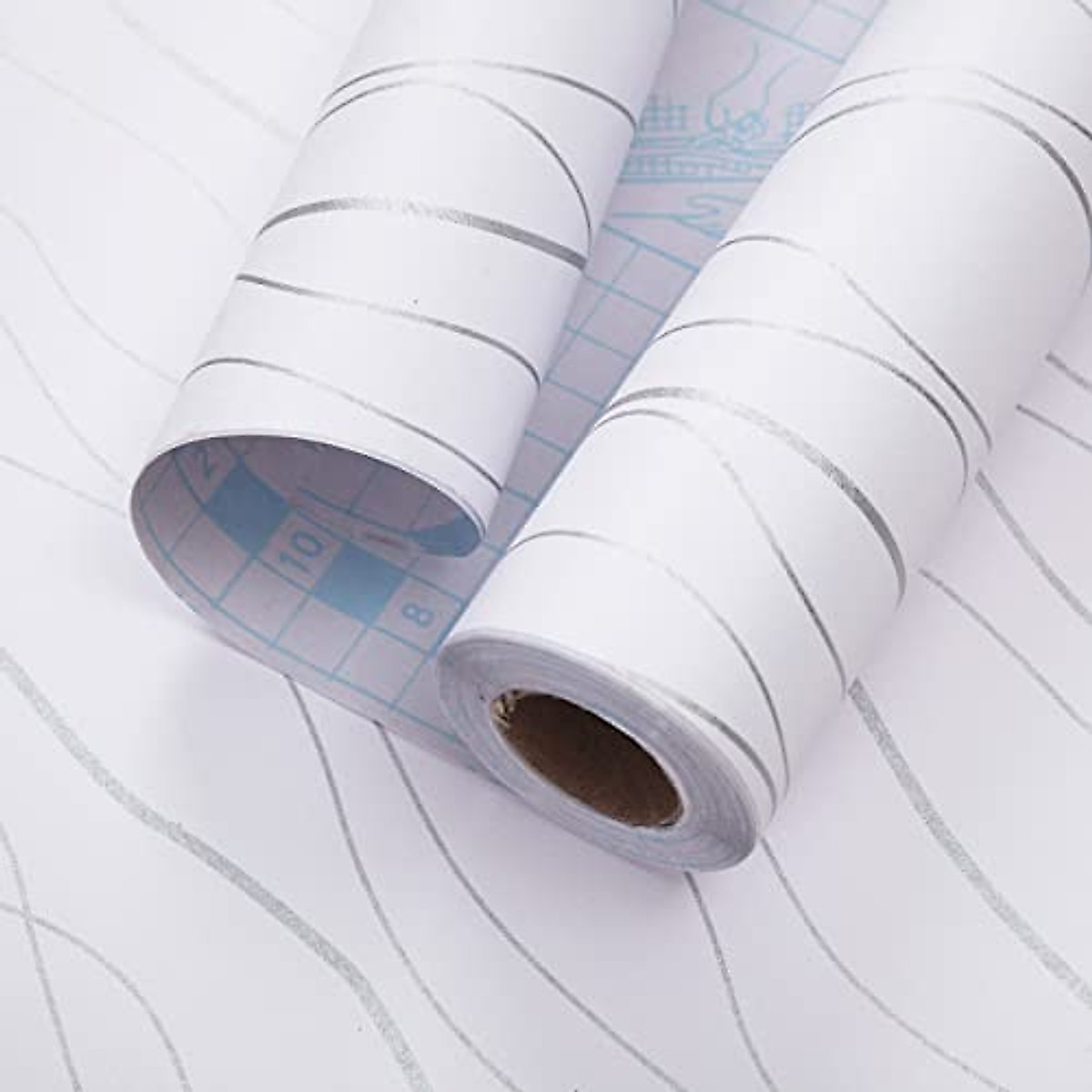 236.2"x17.7" White Peel and Stick Wallpaper Silver Modern Embossed Stripe Contact Paper Self Adhesive Removable Wave Wallpaper Perfectly Covers The Surface Not See Through Wall Covering Film1 …