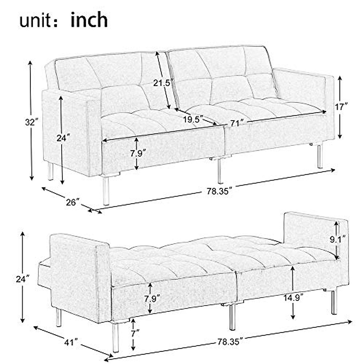 LTT Futon Sofa Bed, Futon Couch, Folding Sofa Bed Dual-Purpose Multi-Functional Sofa Bed Upholstery Fabric Living Room Sofa (Brown)