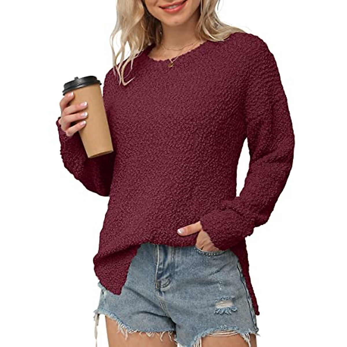 GRECERELLE Women’s Fuzzy Knitted Sweater Sherpa Fleece Side Slit Long Sleeve Loose Fit Jumper Outwears Pullover Sweater Blouse Wine Red-Mudium