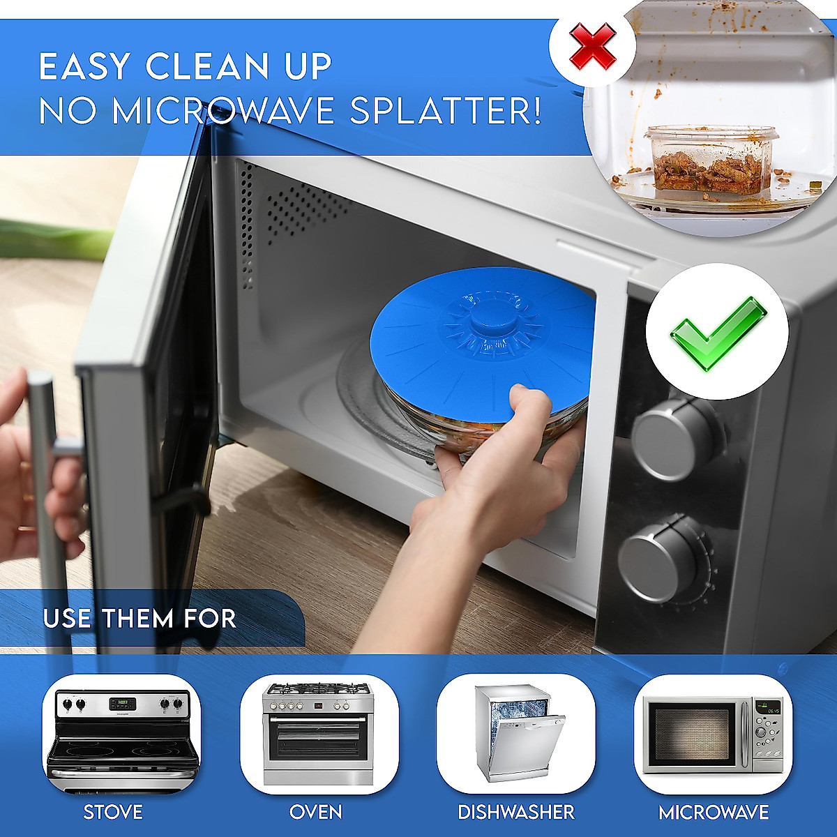 Silicone Bowl Lids Blue Set of 5 Reusable Suction Seal Covers for Bowls, Pots, Cups. Food Safe. Natural grip, interlocking handles for easy use and storage.