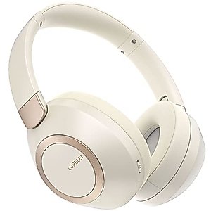 LORELEI B-C6 Wireless Over Ear Headphones, 50H Playtime Foldable Lightweight Bluetooth Headsets, Deep Bass, Built-in Microphone, Memory Foam Earmuff, for Travel, Home Office (Beige White)