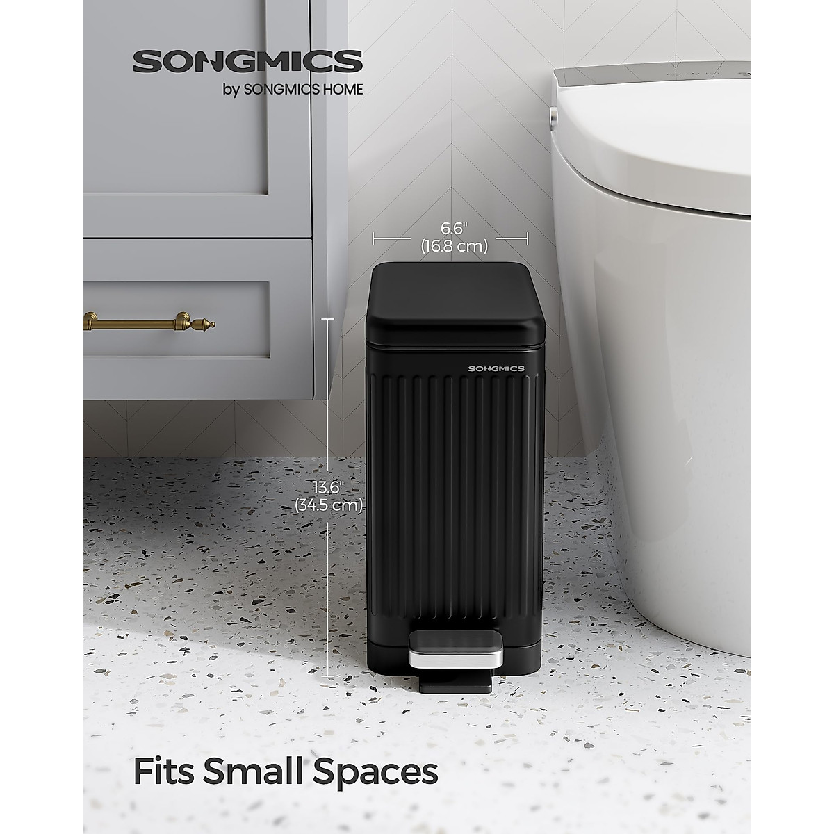 SONGMICS Bathroom Trash Can, 2.6-Gallon (10 L) Trash Bin with Lid, Slim for Small Spaces, Stainless Steel Garbage Can, Soft Close, Black ULTB562B01