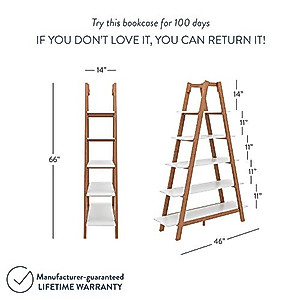 Nathan James Carlie 5-Shelf Bookcase Display or Decorative Storage Rack with Rove Wooden Ladder Shelves, White/Brown