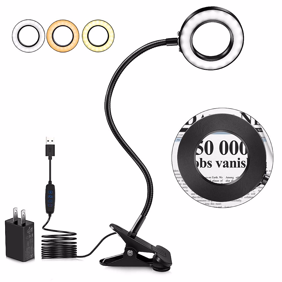 LED Magnifying Light Desk lamp, Ruboss 3X Magnifier Desk Light with clamp lamp, 3 Color Modes, Infinite Brightness Adjustable Desk Light, Adjustable Arm Desk Lamp for Reading Rework Craft