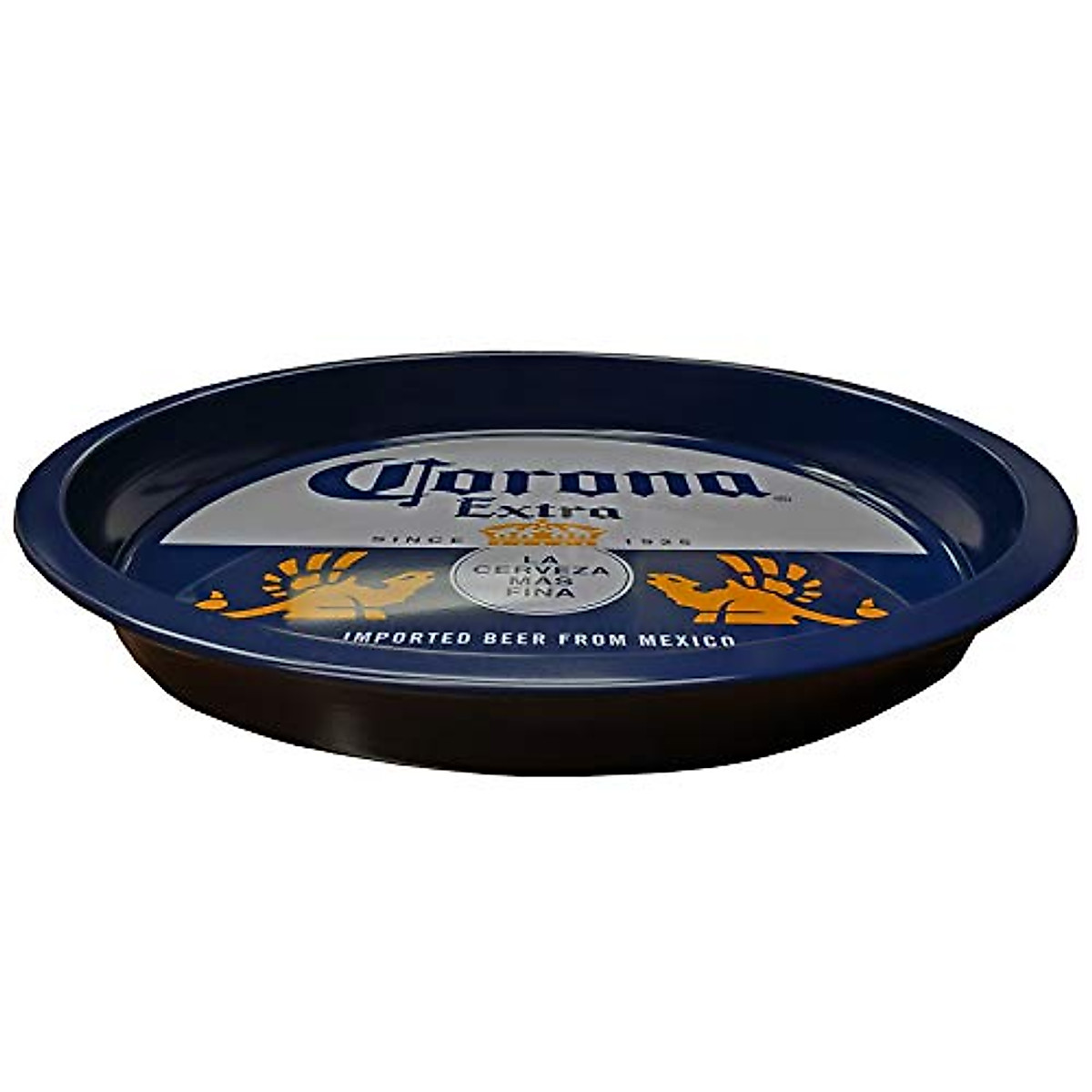 The Tin Box Company Corona Large Round Beverage Tray, Blue and White