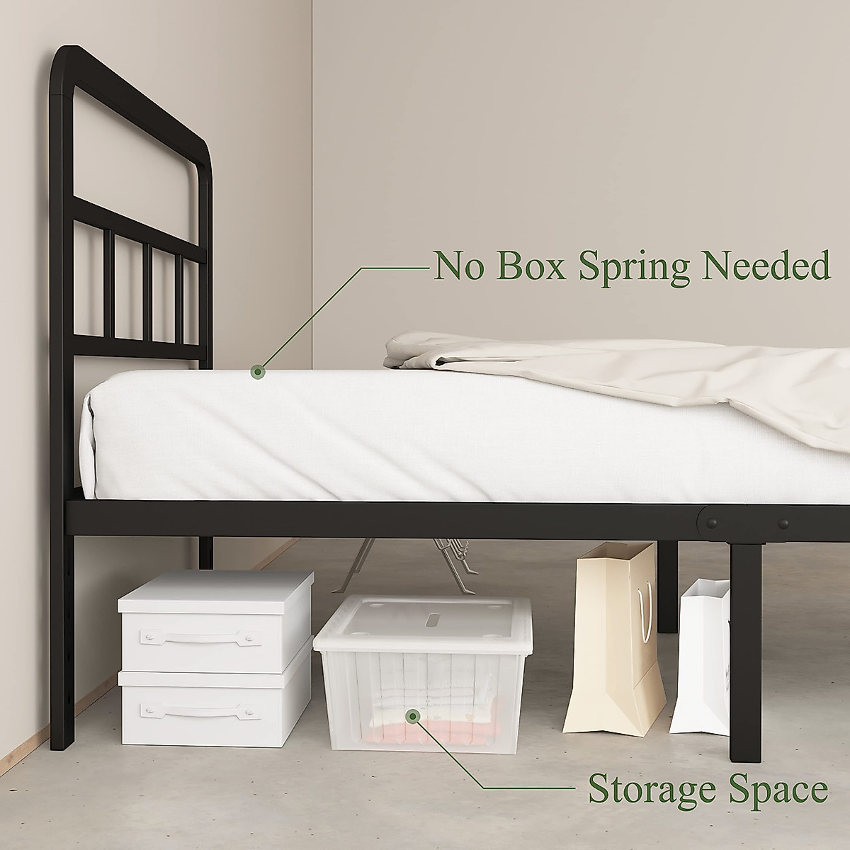 Maenizi Twin Bed Frames with Headboard, 14 Inch Twin Bed Frames No Box Spring Needed Support Up to 2500 lbs, Noise Free, Easy Assembely, Black
