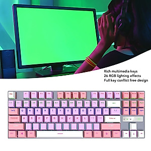 Blue Switch USB Wired Gaming Keyboard, Floating Key Structure with Splash Proof Drainage Holes, Conflict Free Design, 87 Key 26 RGB Color Mechanical Keyboard(Purple Pink White)