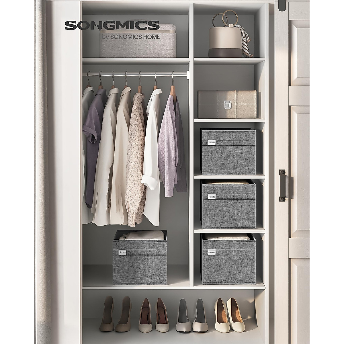 SONGMICS Storage Baskets, Set of 4 Extra Large Storage Bins for Organizing, 30L, 15.7 x 11.8 x 9.8 Inches, Fabric Storage Cubes for Shelves, Easy to Clean, Foldable, 2 Handles, Dove Gray UROB240G04