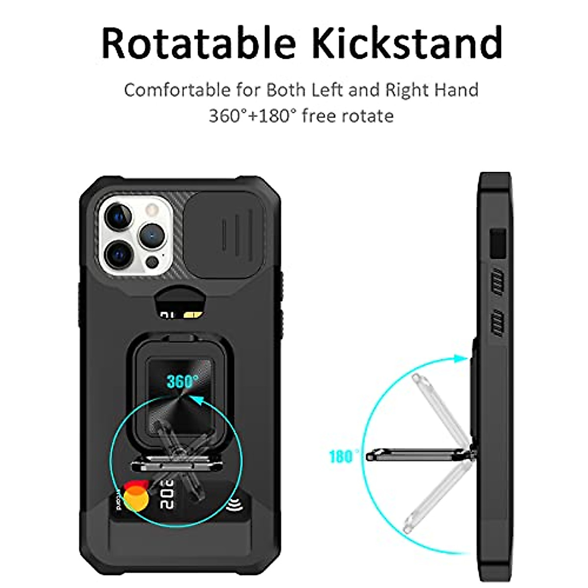 Nvollnoe for iPhone 12/12 Pro Case with Sliding Camera Cover and Card Holder Heavy Duty Protective iPhone 12 Case with Ring Magnetic Kickstand Phone Case for iPhone 12/12 Pro(Black)