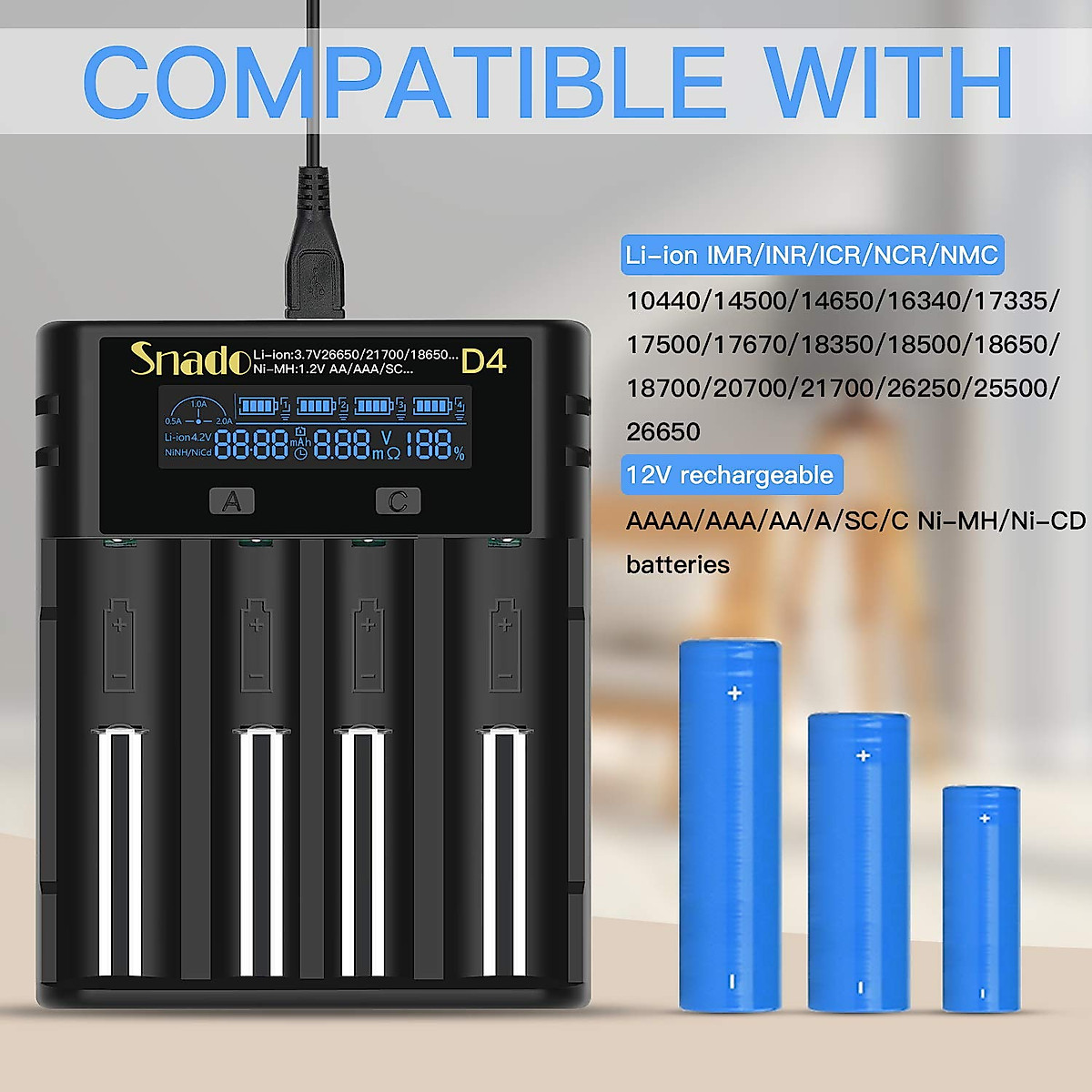 18650 Battery Charger, Snado Universal Smart Charger LCD Display for 3.7v Lithium ion Rechargeable Batteries 18650 21700 18490 17500 16340 14500 RCR123 and 1.2v Ni-MH/Ni-Cd AA AAA C Battery (4 Slots)