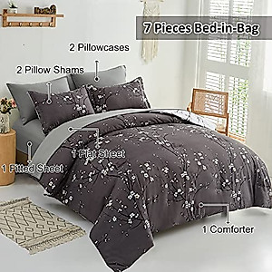 7 Pieces Cmomforter Set Full, Floral Bed in a Bag Comforter Reversible Flower Plum Bedding Set Full Size（1 Comforter,2 Pillowcase,2 Pillow Shames,1 Flat Sheet,1 Fitted Sheet）