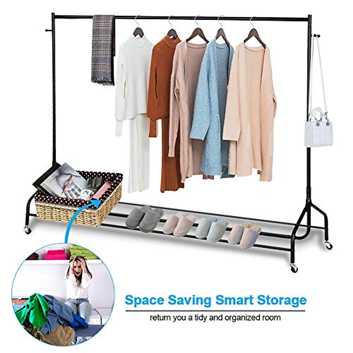 Ejoyous Clothes Garment Rack, Rolling Clothing Hanging Rack Commercial Grade Steel Clothes Rail Display Stand Storage Organizer on Wheel with Bottom Shelf for Home Living Room Bedroom