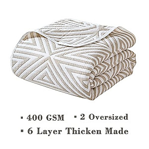 EMME Cotton Queen Blanket for Bed - Queen Quilt 6 Layer Soft Thicken 400GSM Triangle 90"x 90", Cotton Comforter for Dorm Bed All Seasons (Light Tan,Queen)