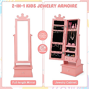 GOFLAME Kids Jewelry Armoire, Children’s Jewelry Cabinet with Full Length Mirror & Storage Drawers, Freestanding Jewelry Organizer for Girls, Birthday/Christmas Gift (Pink)