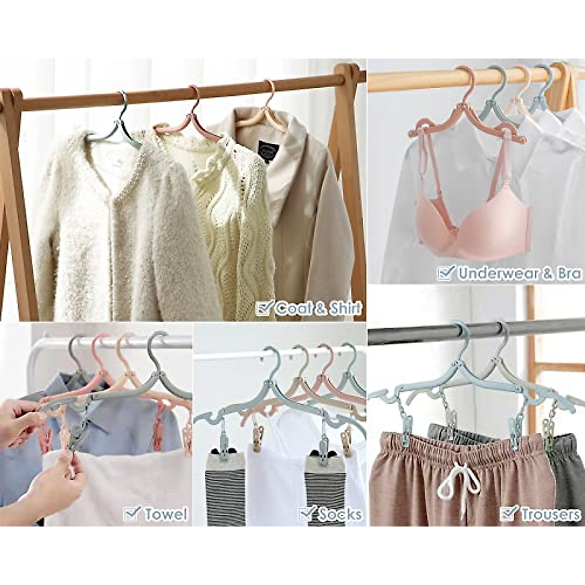 DS. DISTINCTIVE STYLE Foldable Hangers with Clips Set of 8 Travel Hangers with Clothesline for Camping