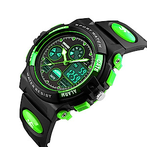 Kid's Digital Watch LED Outdoor Sports 50M Waterproof Watches Boys Children's Analog Quartz Wristwatch with Alarm - Green
