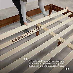 NTC Lupin Wooden Bed Frame with Headboard, Crafted from Walnut, Rubber Wood with Silent Slats and Wood Central Supports, 1000 Lb Capacity, Effortless Assembly, Queen - Dark Walnut