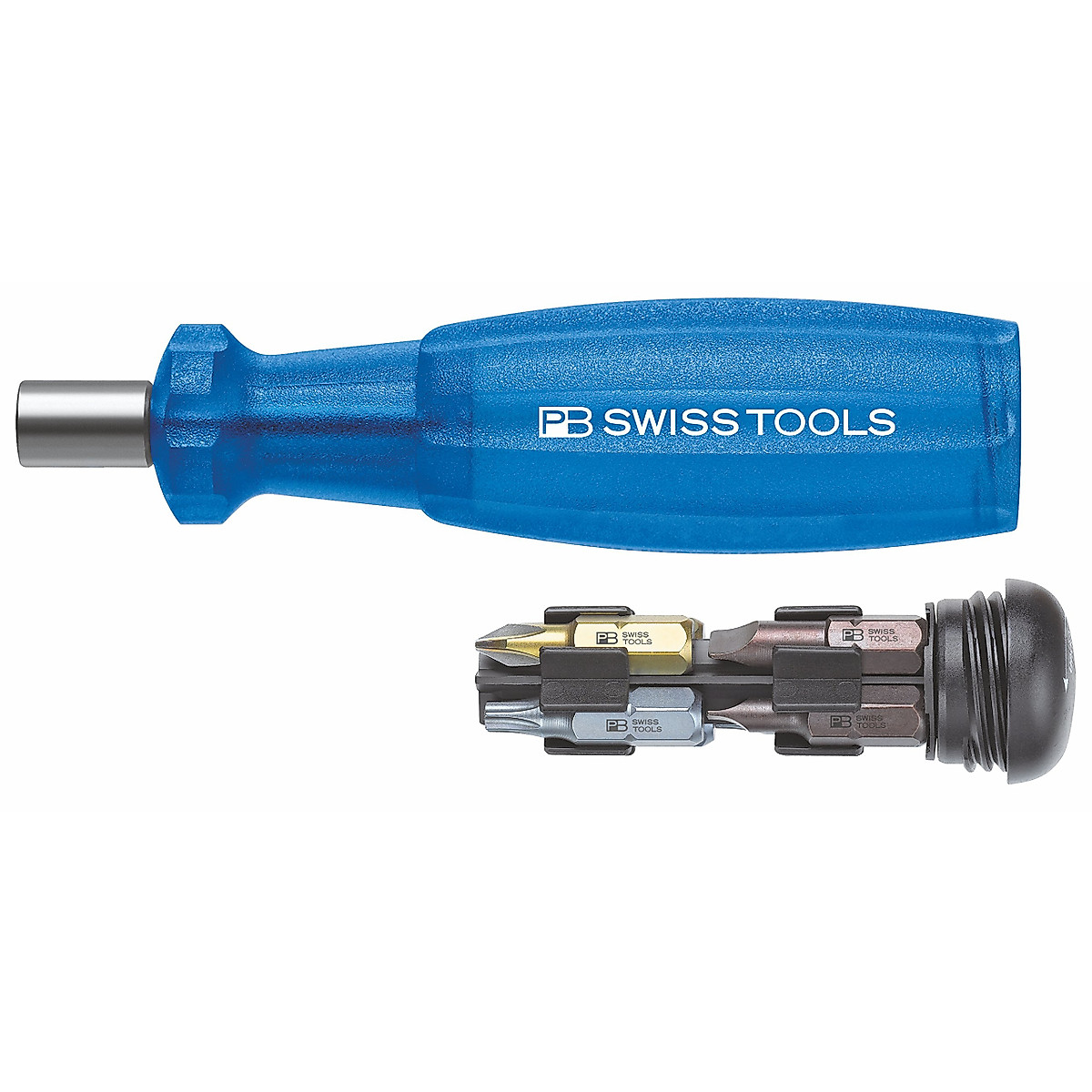 PB Swiss Tools Insider 1 - Universal 1/4" bit holder with 10 PrecisionBits in the handle - Blue