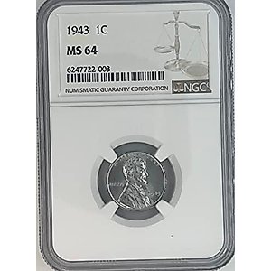 1943 P US WWII Era Lincoln Steel Penny Cent PCGS MS-64