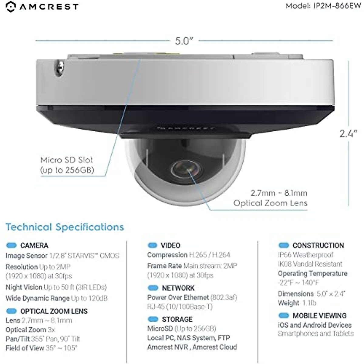 Amcrest ProHD 1080P PTZ Camera Outdoor, 2MP Outdoor Vandal Dome IP PoE Camera (3X Optical Zoom) IK08 Vandal-Proof, IP66 Weatherproof, Night Vision up to 49ft, Pan/Tilt (IP2M-866EW) (White)