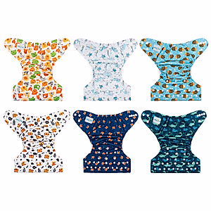 Babygoal Cloth Diaper Covers 6 Pack+Wet Bag for Fitted Diapers and Prefolds with Double Gussets, Adjustable and Reusable for Baby Boys 6DCF08