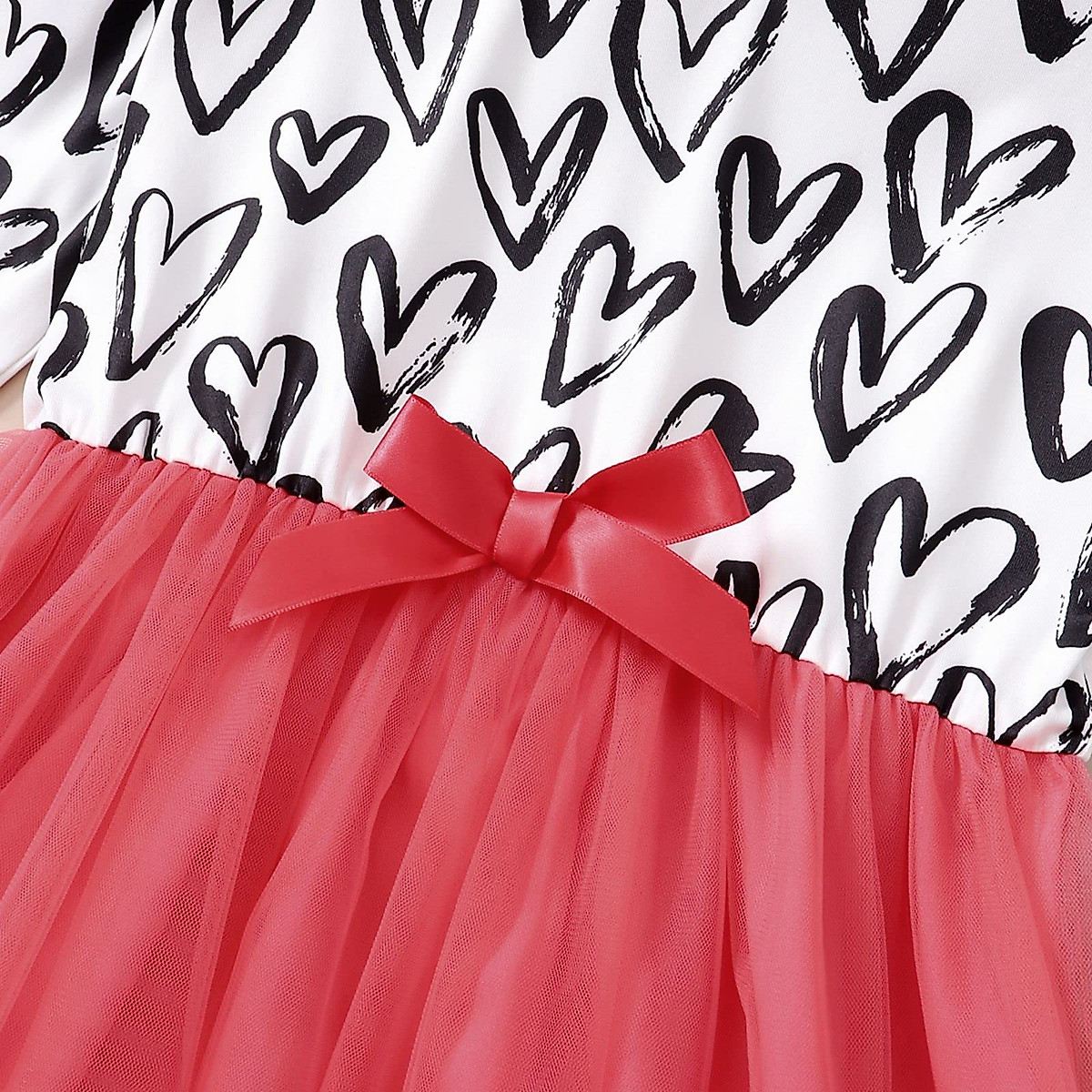 PATPAT Kid Girl Dress Letter/Heart Print Bowknot Design Mesh Splice Casual Long-Sleeve Tutu Dress for Kids White 6-7 Years