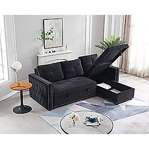 Tmosi Couch with Pull Out Bed, Sleeper Sectional L Shaped Velvet Sofa, 2 Seats Sofa with Reversible Storage Chaise, for Living Room Furniture Set (Black)