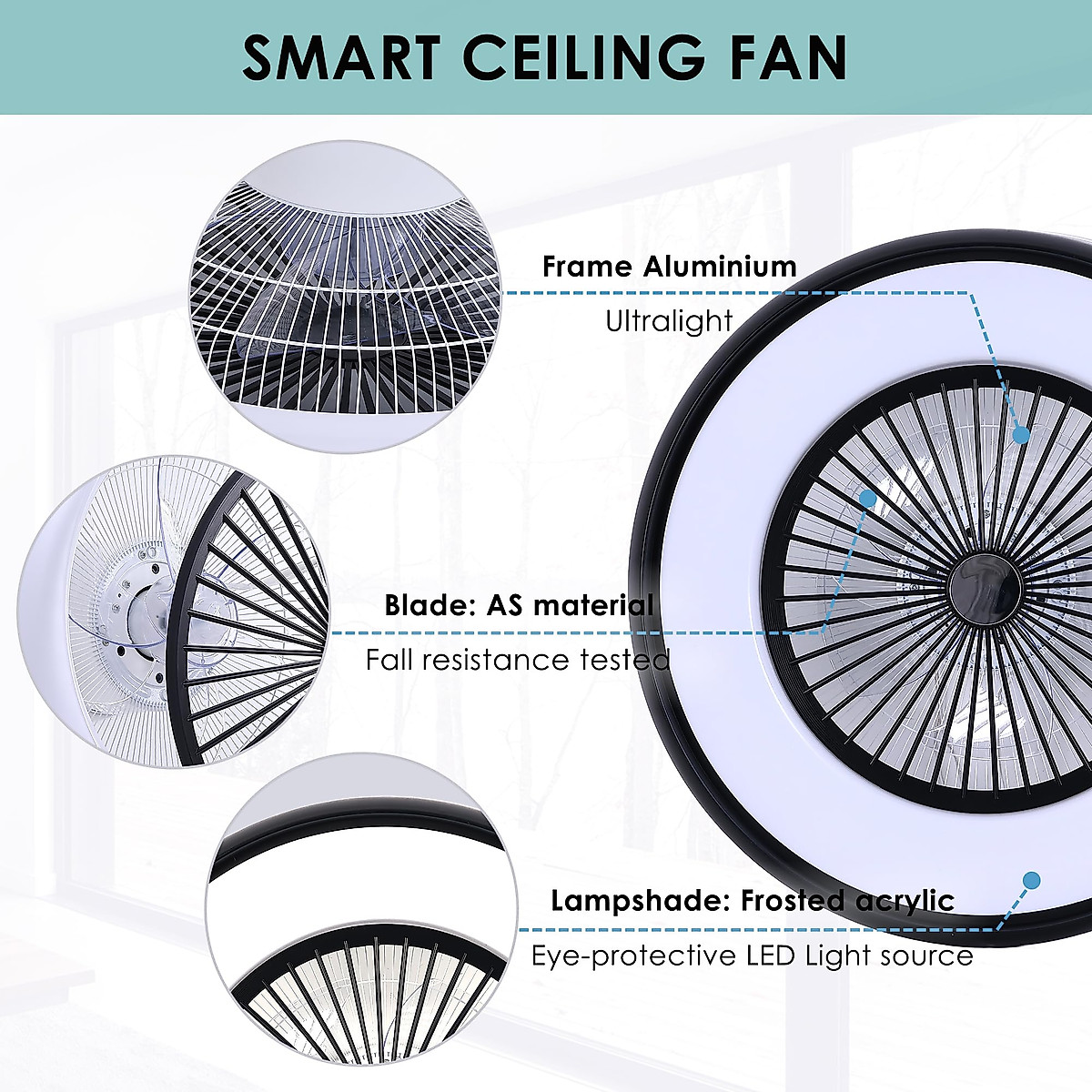 HUMHOLD 24" Low Profile Ceiling Fans with Lights - Smart Bladeless Ceiling Fan with Voice/APP Control Dimmable Color Chaning LED-RGB Back Ambient Light, Flush Mount Ceiling Fans Black