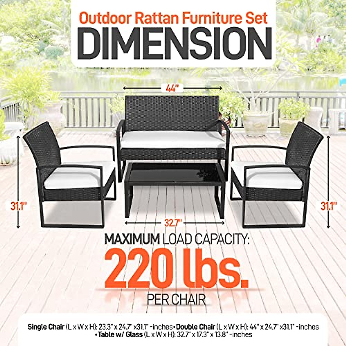 SereneLife 4 Piece Conversation/Chat Set, Outdoor Living Rattan Furniture, includes 1 Double & 2 Single Chairs with Cushion & 1 Glass-top Coffee Table, Black