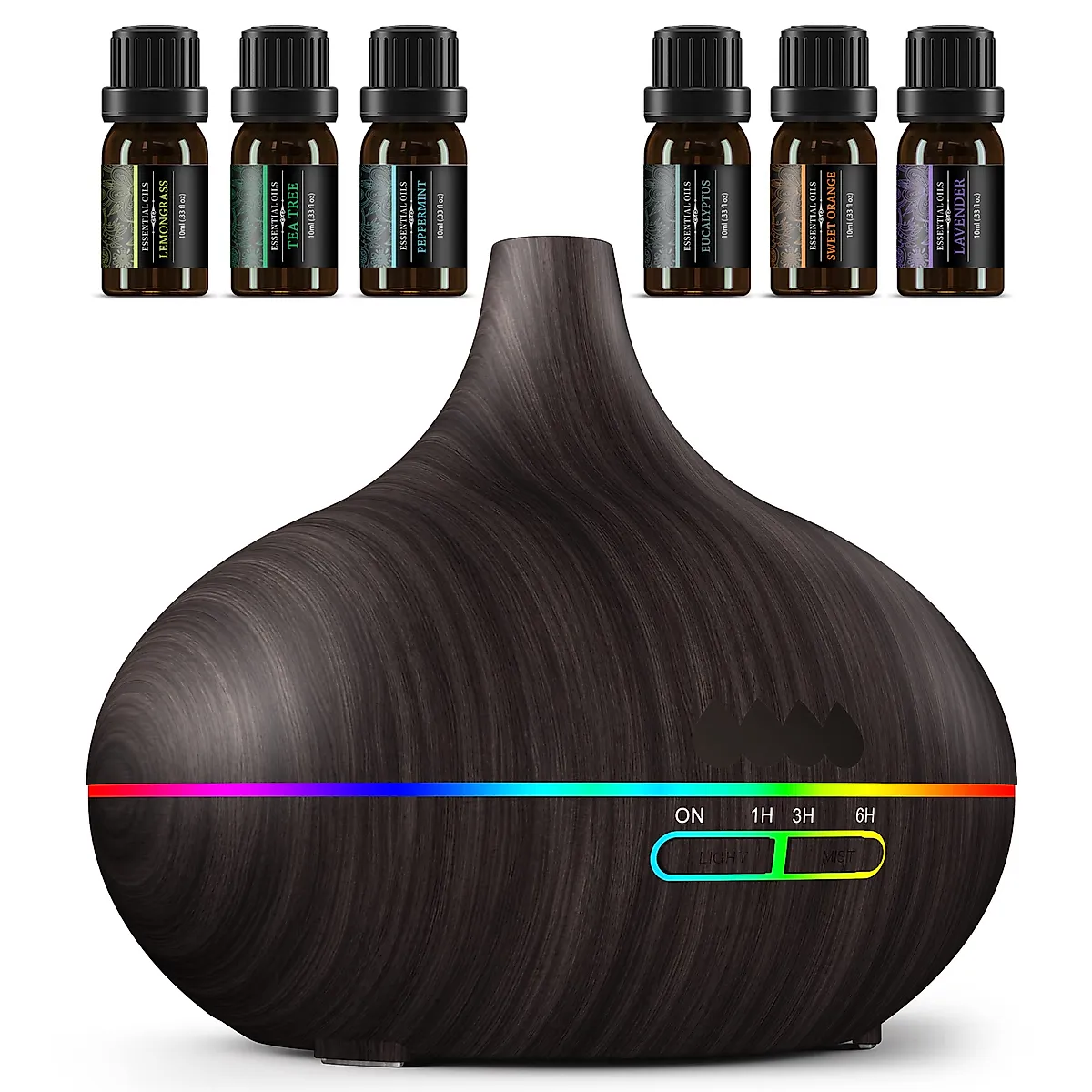 SEDAVY Oil Diffuser, 500ml Aromatherapy Diffuser with 6x10ml Included, 7x2 Colorful LED Night Light, 23dB Quiet BPA-Free Essential Oil Diffusers for Home, 16H Lasting, 4 Timers, Auto Off, Black