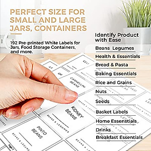 192 Kitchen Pantry Labels for Food Containers, Organize Pantry with Minimalist Preprinted Black Text on White Vinyl Stickers for Jars, Canisters and Storage Bins + Numbers for Pantry Organization