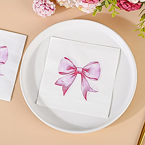 120Pcs Pink Bow Napkins-2 ply, 5 x 5 Inches Bachelorette Decorations Bow Party Theme Bridal Engagement Decor, Coquette Cute Supplies, Girl Tea Party Baby Shower Tableware Birthday Bow Napkins Decor