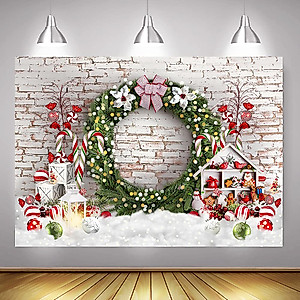 Mocsicka Christmas Photography Backdrop Xmas Candyland White Brick Wall Background Christmas Candy Canes Xmas Wreath Background for Kids Photo Booth Props (7x5ft (82x60 inch))