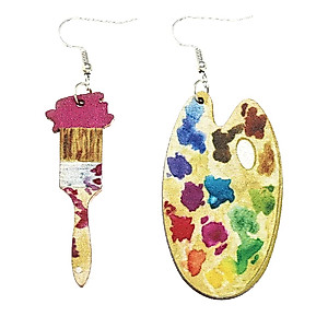 Unique Handmade Bohemian Vintage Big Wooden Artist Paint Brush Dangle Drop Earrings Dainty Cute Wood Paint Palette Charm Earrings Colorful Painter Jewelry for Women Artist Gift Art Teacher Gifts (Colorful 1)