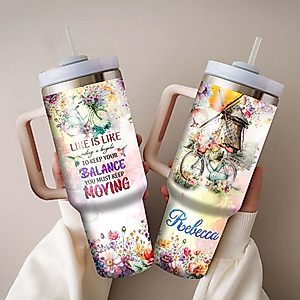 WAZONE Personalized Life Is Like Riding A Bicycle 40oz Tumbler with Handle and Straw Lid Custom Name Bicycling Gifts For Cyclist Biker Bicyclist Stainless Steel Travel Mug Flower Windmill
