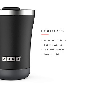 Zoku 12oz Powder Coated Tumbler, Black | Premium Stainless Steel and Vacuum Insulated | Special Rotating Lid Designed for Sipping and Straw Use