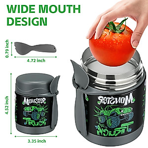 Pawtong 10oz Soup Thermo for Hot Food Kids Insulated Food Jar,Thermo Hot Food Lunch Container, Width Mouth Stainless Steel Lunch Box for Kids with Spoon (Black-Truck)