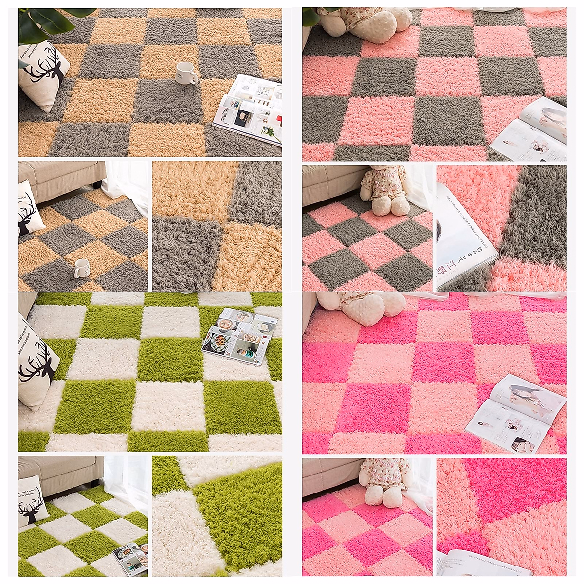 16Pcs Interlocking Foam Carpet,Shaggy Soft Foam Play Mat,Fluffy Area Rugs,Square Plush Puzzle Floor Tiles,Crawling Mats for Living Room Bedroom,12X12inch,Green