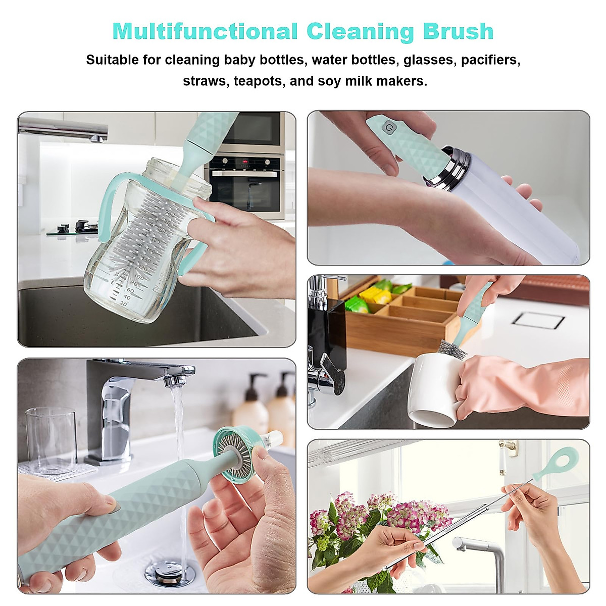 WHNL Rechargeable Electric Bottle Brush Cleaner Set with 3 Piece Silicone Baby Bottle Brush Cleaner and Straw Cleaner Brush,BPA Free,Waterproof,Perfect Baby Registry Gift,Blue