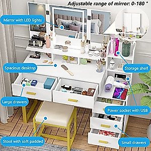PAKASEPT Vanity Set with Lighted Tri-fold Mirror, 45.59'' Large Vanity Desk with Charging Station, 3-Color Adjustable Touch Light, 5 Drawers, Storage Shelves&Cushioned Stool Makeup Vanity for Bedroom