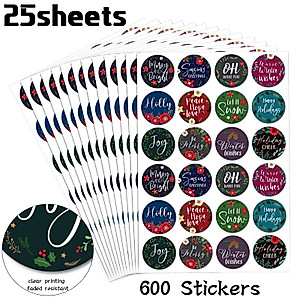 600 Pcs Christmas Envelopes Stickers Xmas Happy Holiday Stickers 2&#039;&#039; Round Holiday Gift Stickers Inspirational Positive Word Decals Seasonal Envelope Seals for Greeting Card (Joy)